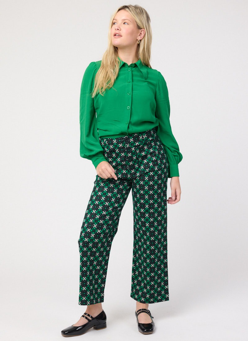 green pattern trousers